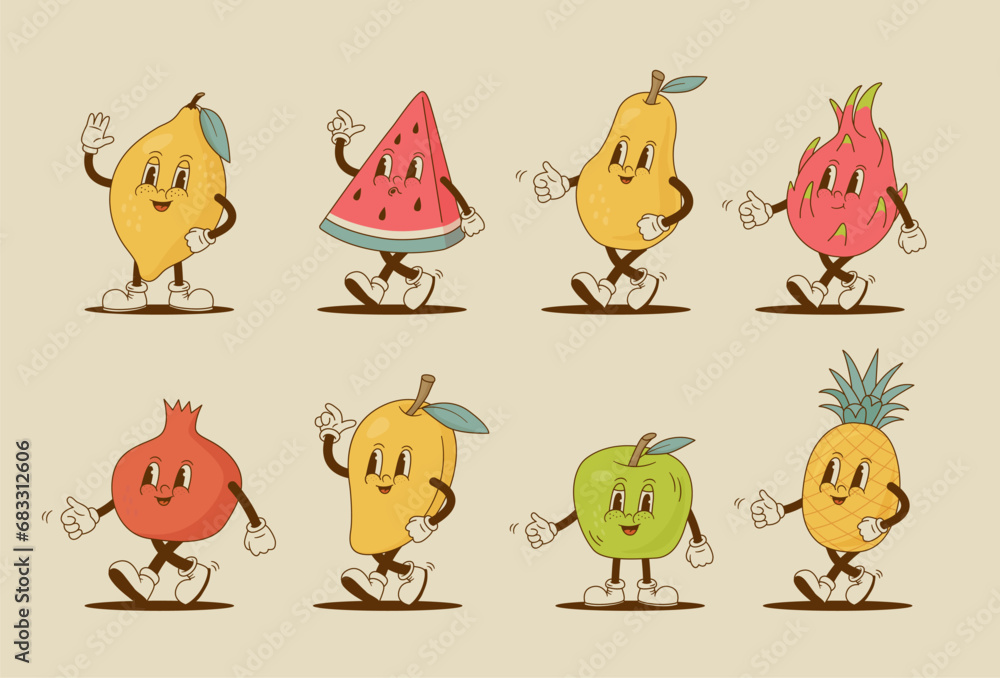 Set of retro cartoon fruit characters. Lemon, watermelon, pineapple ...