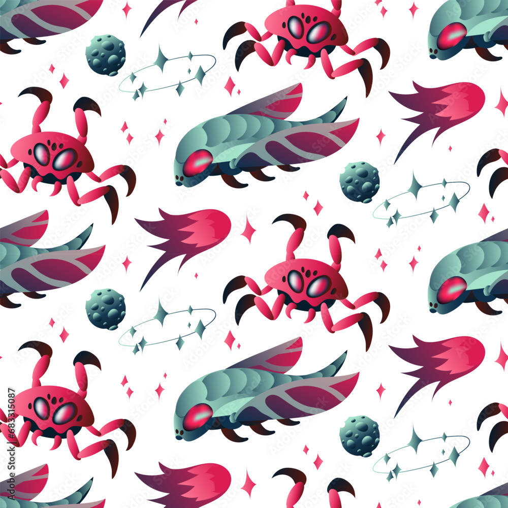 Pattern with space insects in the form of a fly and a crab. Mechanical ...