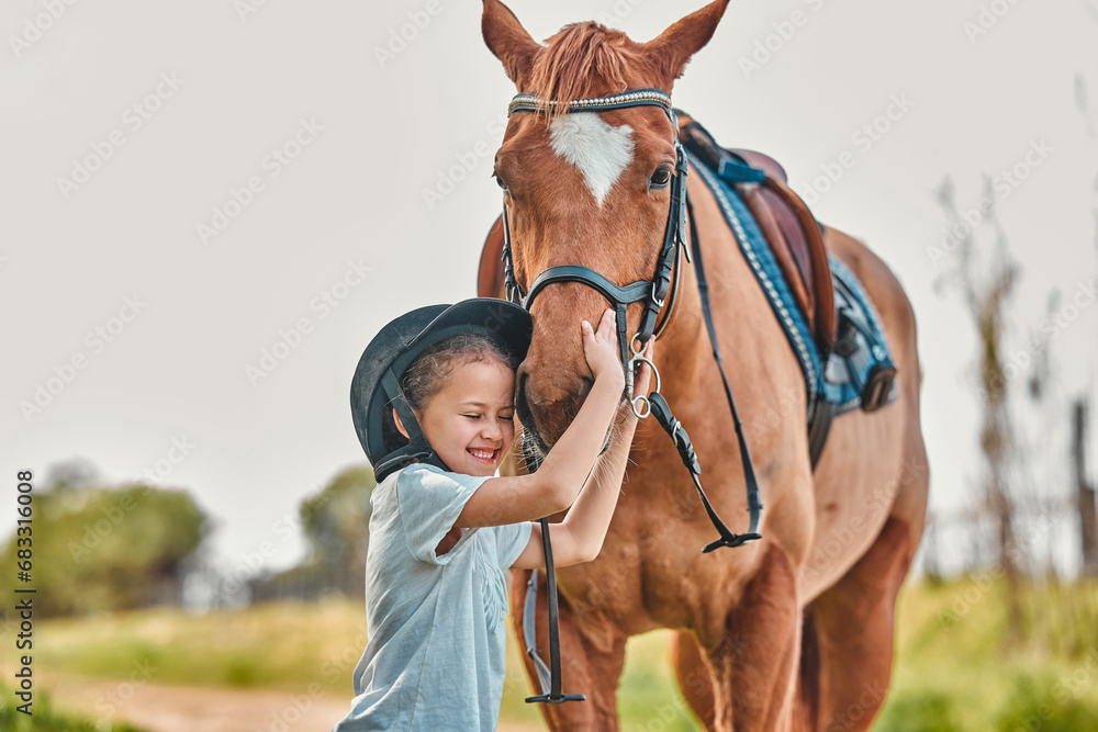 Kid, horse and smile in nature with love, adventure and care with ...