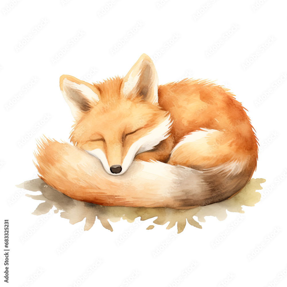 Whimsical sleeping red fox. Fox rolled on the ground, noose on its tail ...