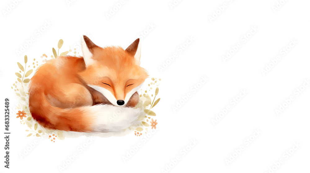 Whimsical sleeping red fox. Fox rolled on the ground, noose on its tail ...