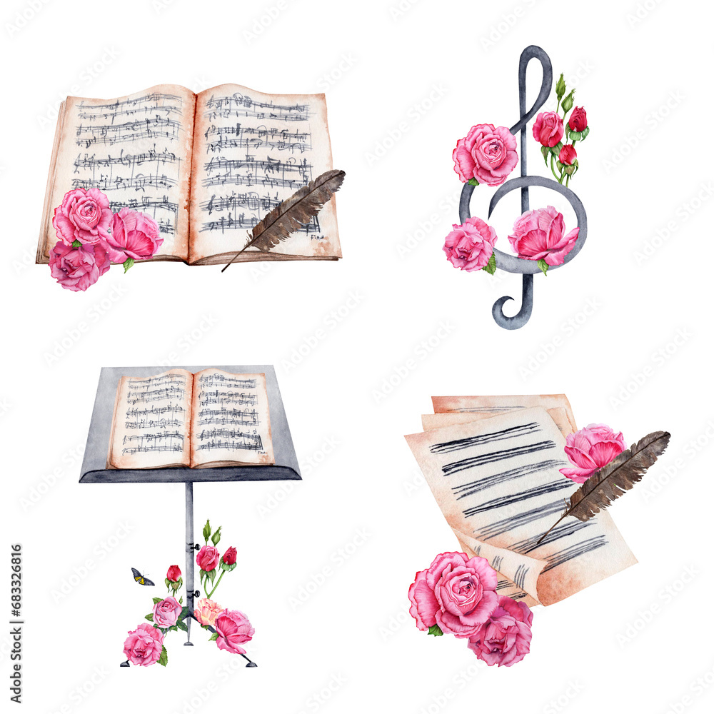 Violin, string instrument, treble clef, music stand, sheet music, rose ...