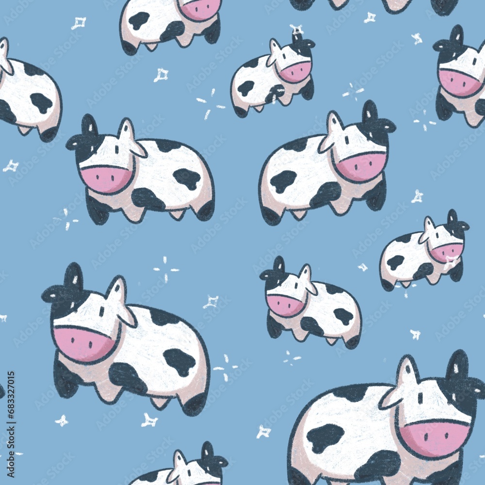 cow cartoon illustration seamless pattern in a blue background. Stock ...