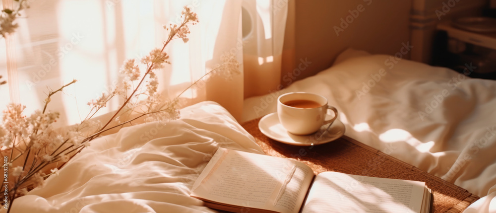 Banner of cozy morning on the bed with flowers, coffee and sun rays ...