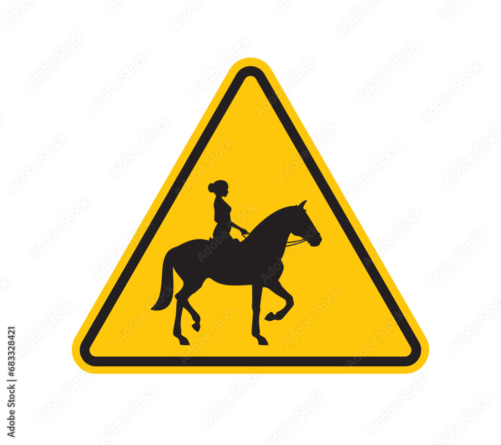 Vector yellow triangle sign - black silhouette figure riding a horse ...