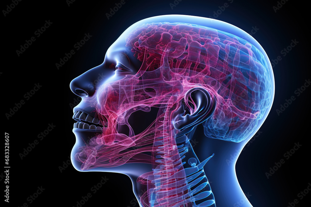 Skull bones of the human head with arteries and veins, anatomy. Human ...