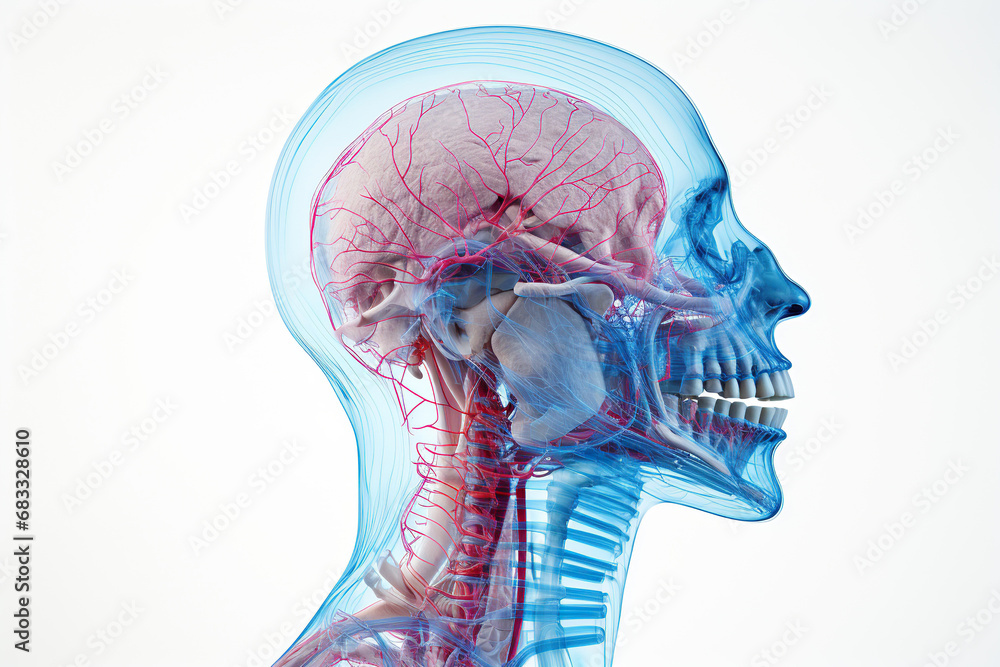 Skull bones of the human head with arteries and veins, anatomy. Human ...