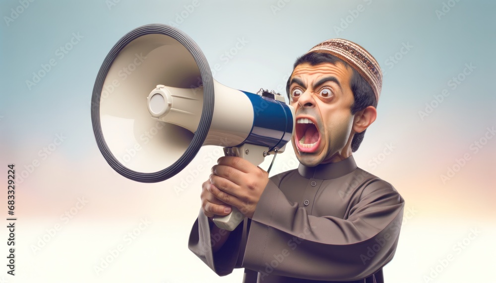 Exaggerated expression of a man dressed in traditional attire yelling ...