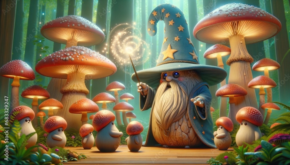 Fantasy illustration of a wizard casting a spell among giant magical ...
