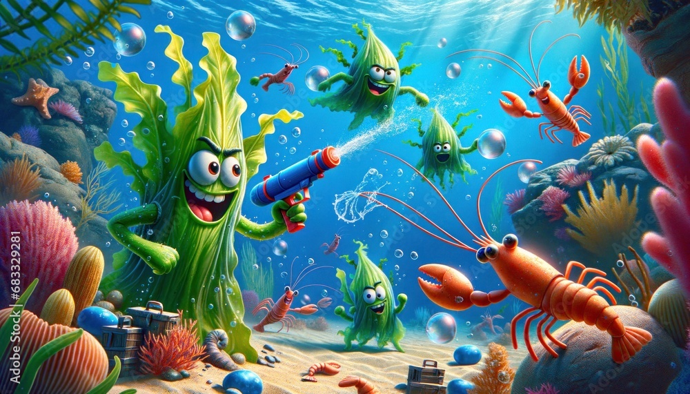 Colorful animated underwater scene with playful sea creatures enjoying ...