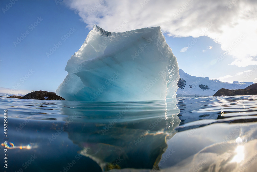 The image depicts an Antarctic iceberg floating in the ocean, a stark ...