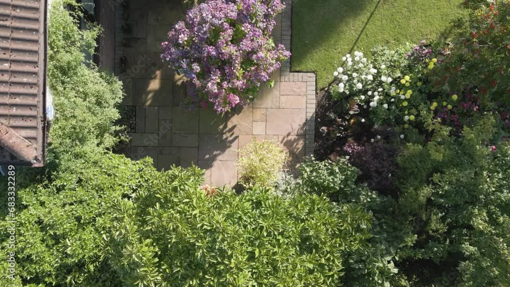 Aerial view of back garden patio and shrubs, England Stock Video ...