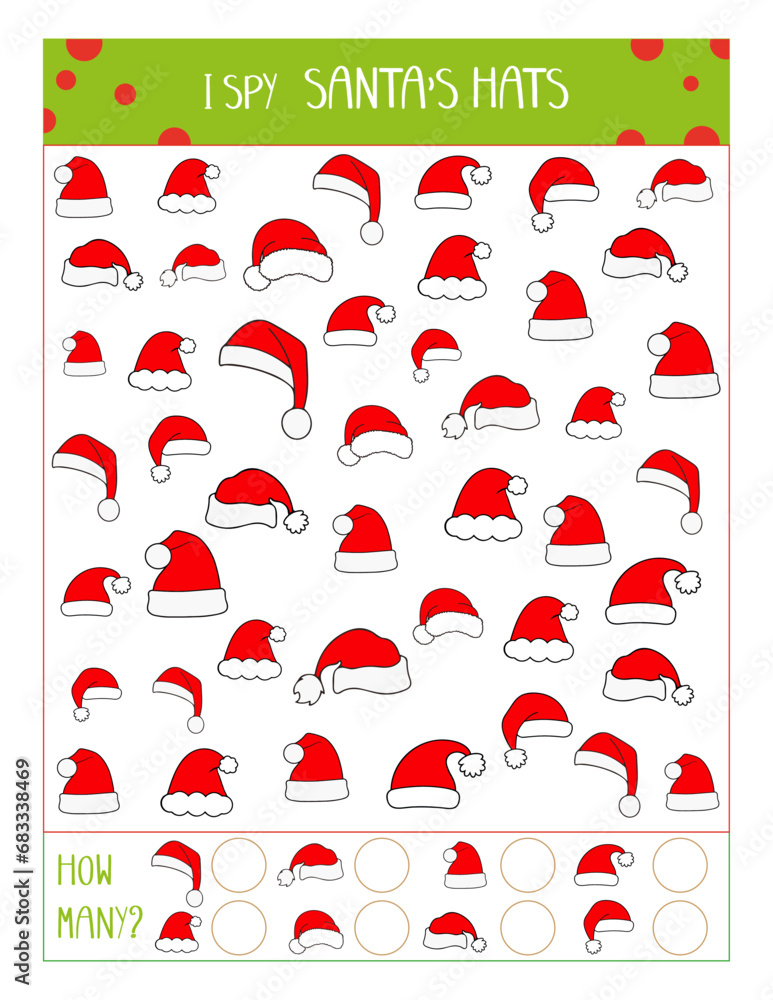 Vetor de Christmas game for kids. I spy Santa's hats. How many ...