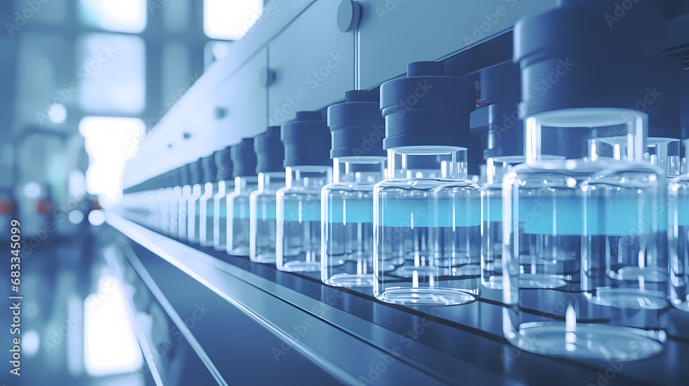 Medical vials on production line at pharmaceutical factory ...