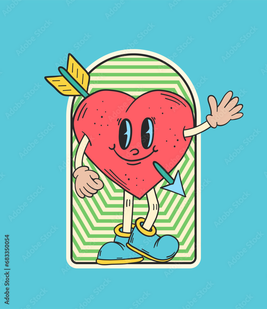 Heart character. Retro cartoon character. Heart sticker. Hippie patch ...