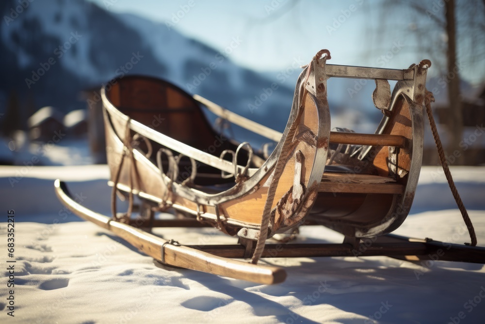 Northern sled, crafted from classic wood with polished details, metal ...