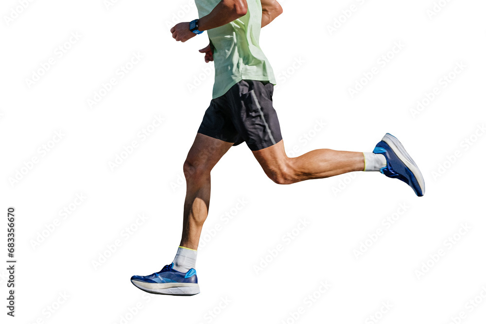 side view legs two male runners running city marathon race, isolated on ...
