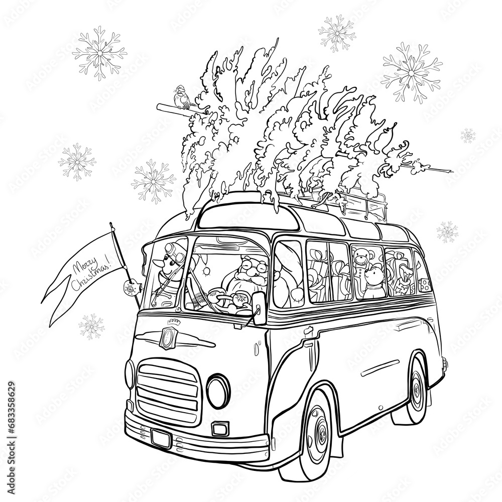 New Year's bus, Christmas retro bus, Santa is carrying gifts, Santa is ...