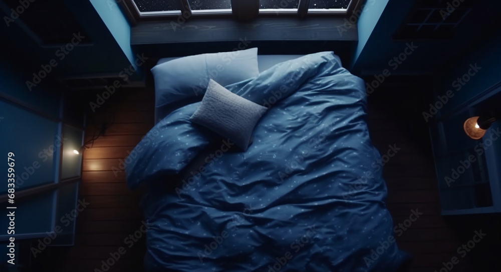 cozy empty bed at night top view. an atmosphere of calm and evening ...