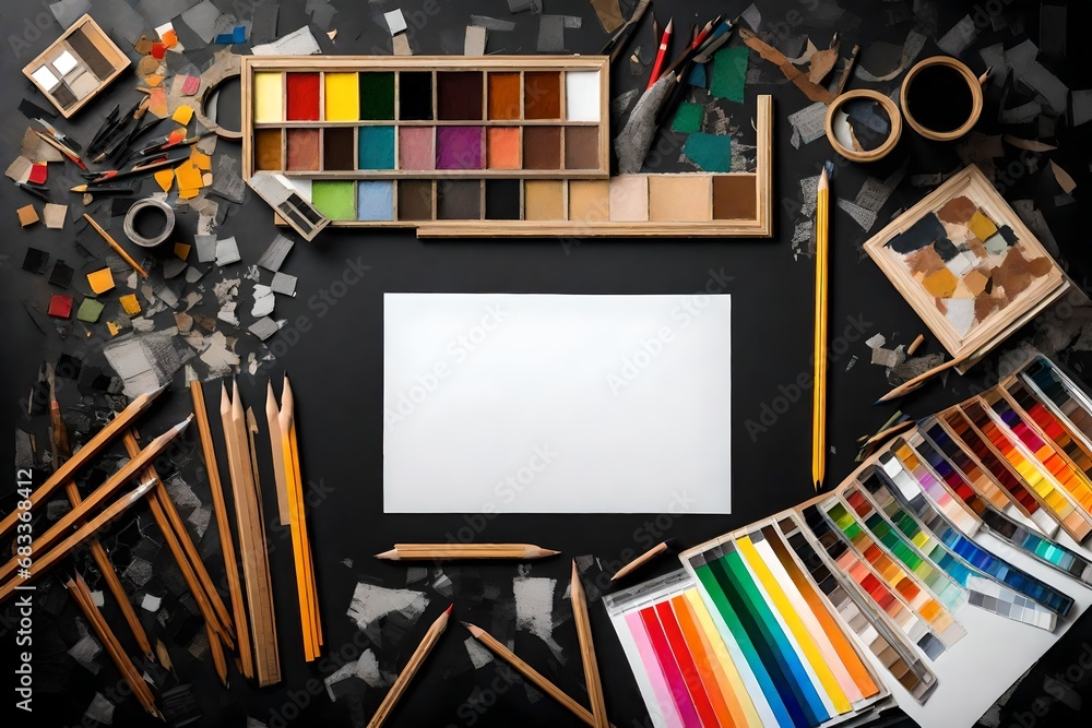 A pencil drawing of a room plan is on the table. A black-backed sheet ...