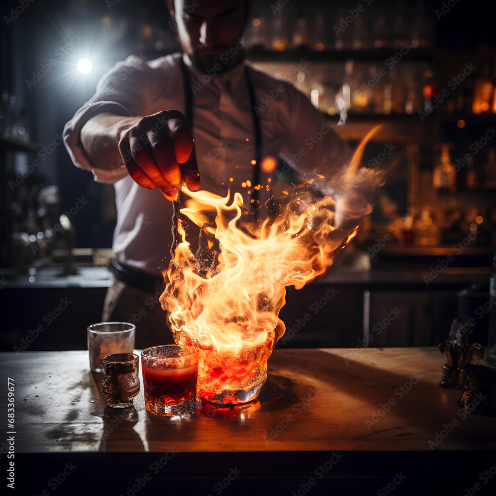Bartender Creating Flaming Cocktail, Dramatic Fire Bar Performance, Art ...