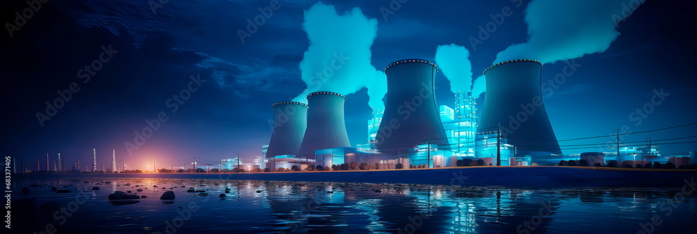 Nuclear Power Plant at Night illuminated at night, with lights on the structures and cooling ...