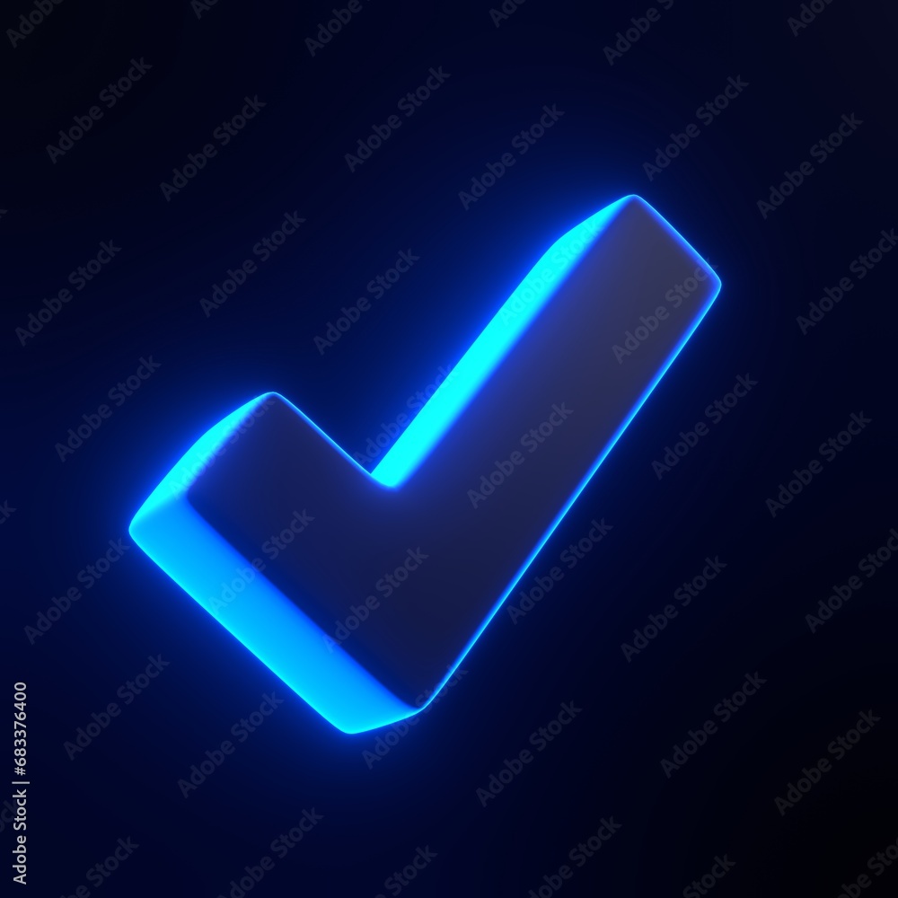 Check mark with bright glowing futuristic blue neon lights on black ...