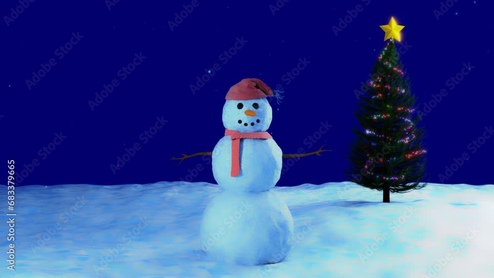 Seamless loop Christmas animation. Snow falling over snowman and ...