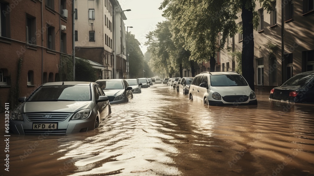 Urban flooding in a small city or town. High water level after heavy ...