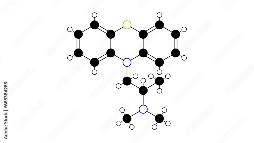 promethazine molecule, structural chemical formula, ball-and-stick ...