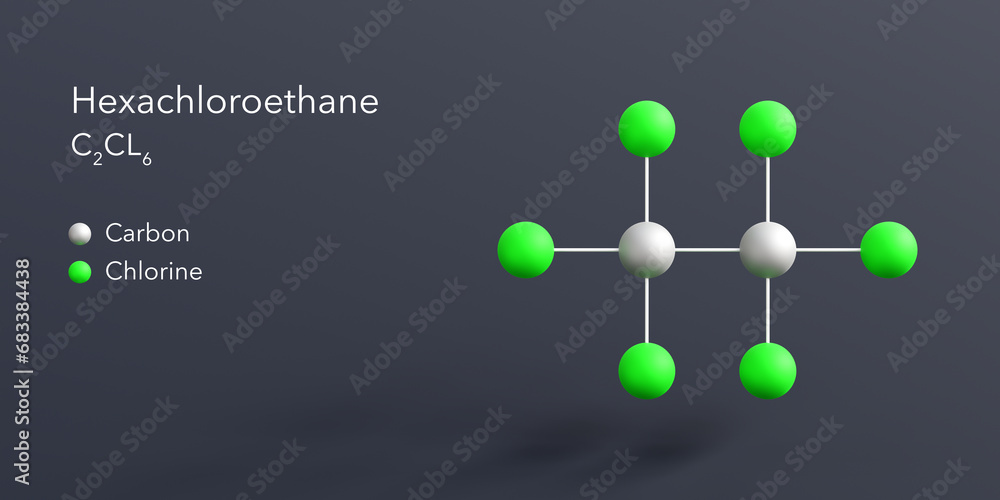 hexachloroethane molecule 3d rendering, flat molecular structure with ...