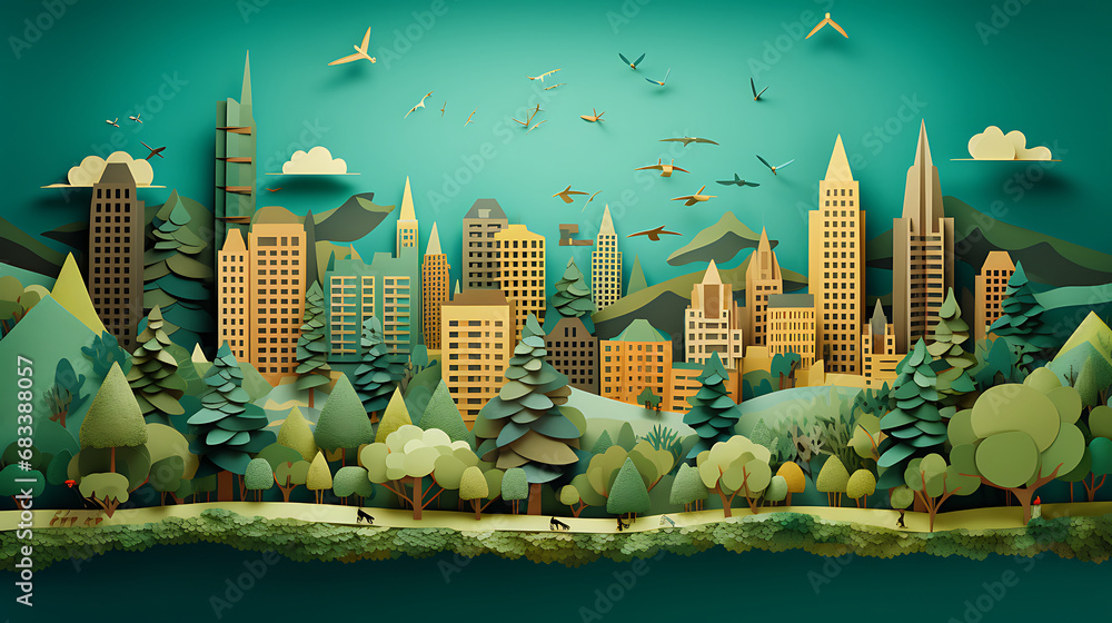 3D paper model of city with trees and buildings. Generative Ai Stock ...
