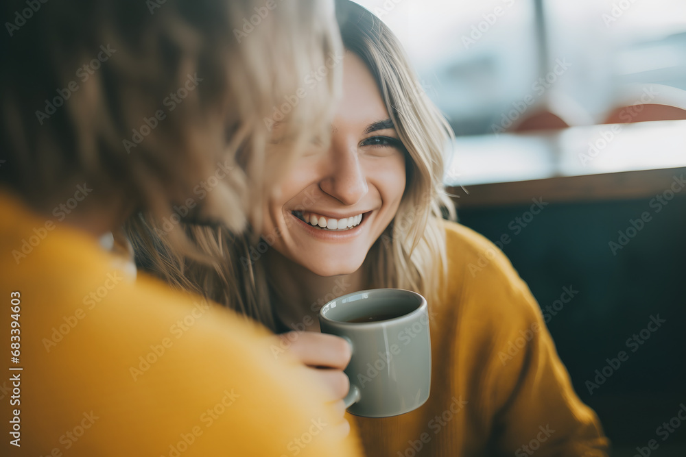 happy smiling woman sitting in a cafe drinking coffee with a friend in ...