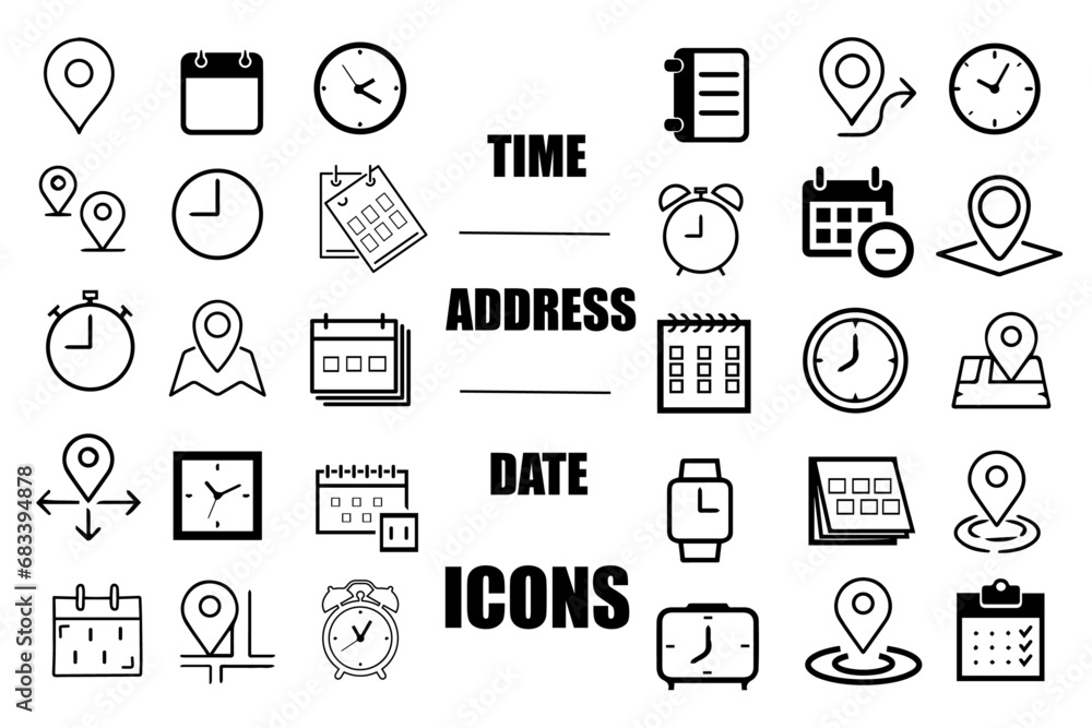 Date, time and address icon set. Event elements isolated on transparent background. Calendar ...