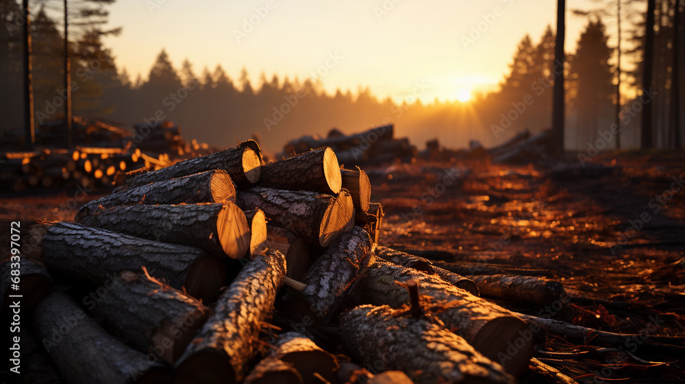 Sunlight Streaming Through a Stack of Wood Logs, Emanating a Golden ...