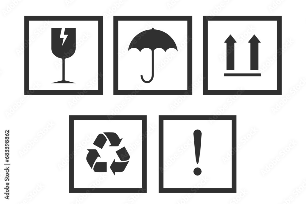 A set of packaging symbols. Common packaging & warning symbol set. Black & white flat style ...