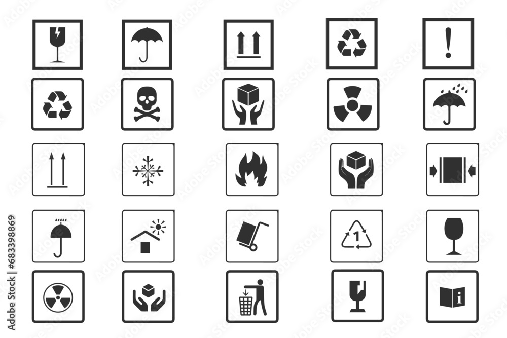 A set of packaging symbols. Common packaging & warning symbol set. Black & white flat style ...