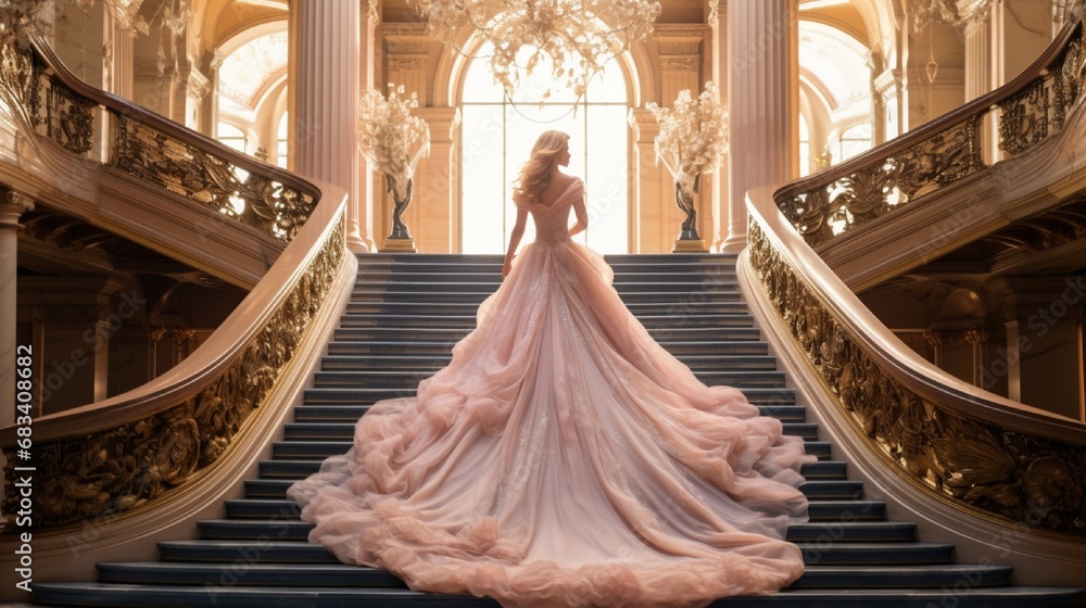 A portrayal of a woman in a soft, pastel-colored ball gown, descending an elegant staircase in a ...