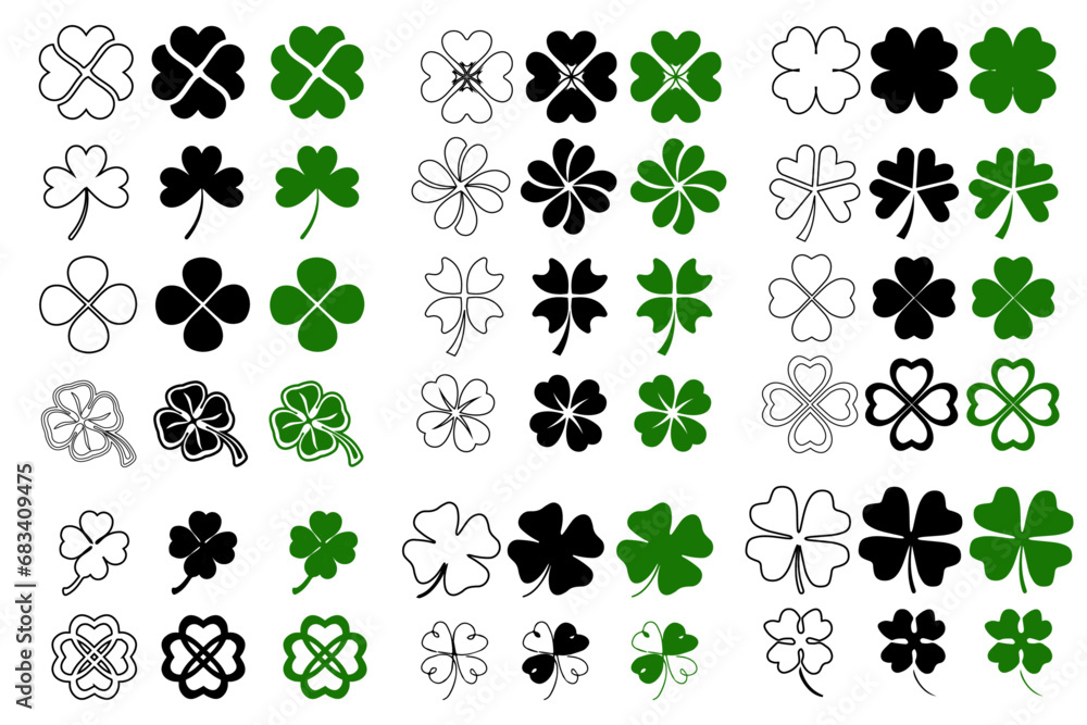 Good luck four leaf clover flat icon set. Green shamrock, cloverleaf ...