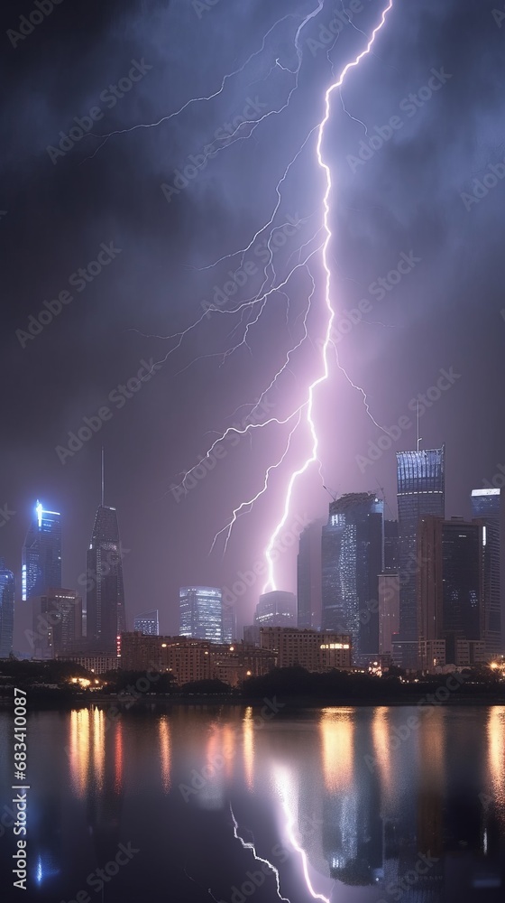Thunderstorm and storm with heavy rain and lighting in a megapolis city ...