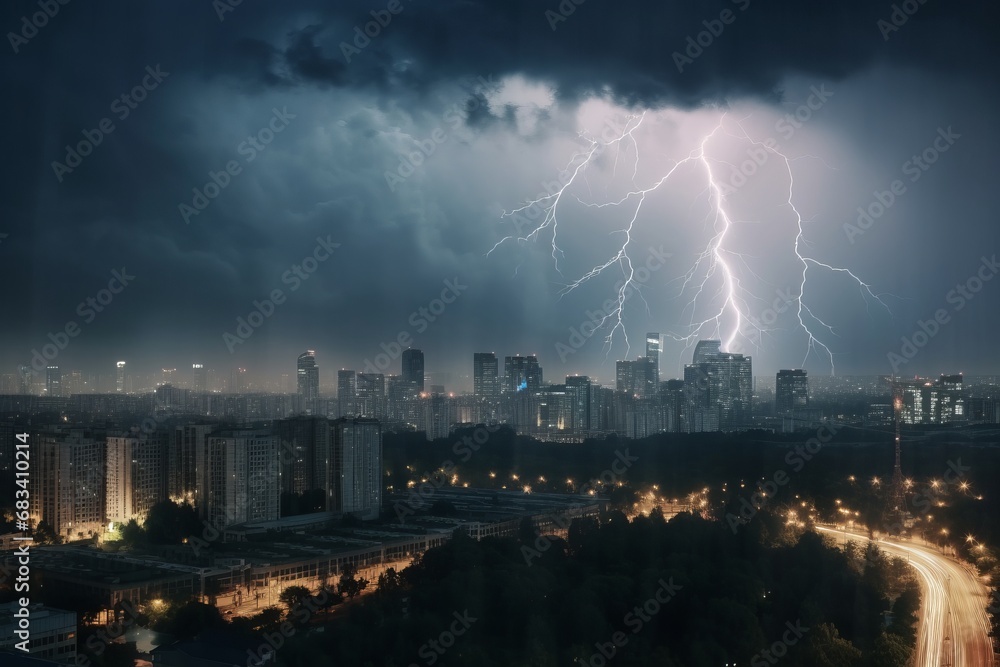 Thunderstorm and storm with heavy rain and lighting in a megapolis city ...