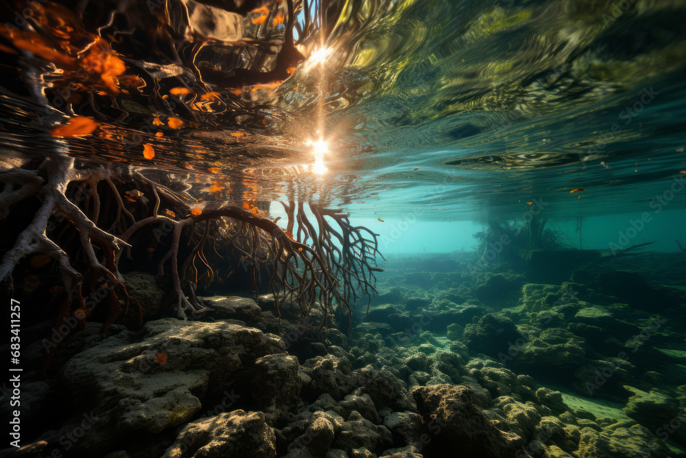 Caribbean mangroves, roots embraced by sea sponges Generative ai Stock ...