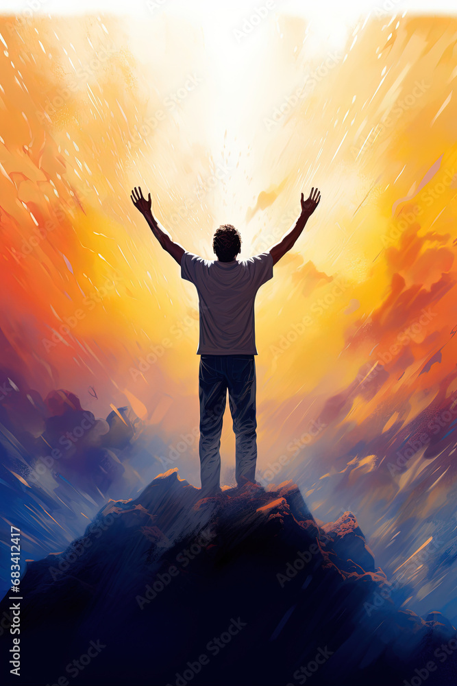 Man Raising Hand on Top of Mountain: Worship and Praise of God. Sunset ...