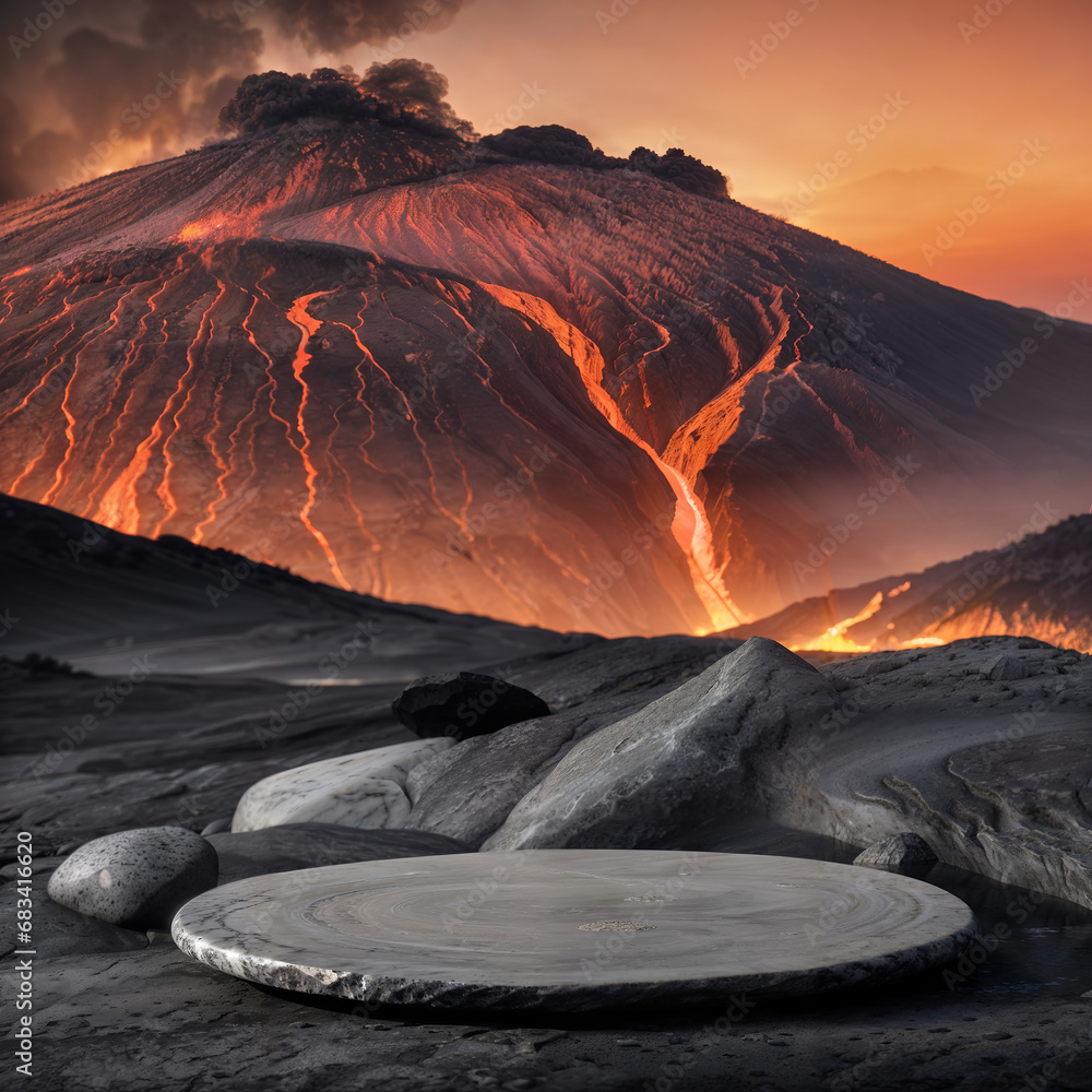 Volcanic stone podium in front of erupting volcano with lava, product ...