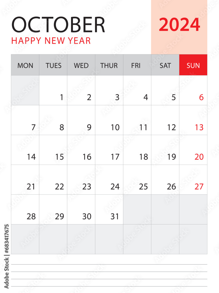 October 2024-Calendar 2024 template vector on red background, week ...
