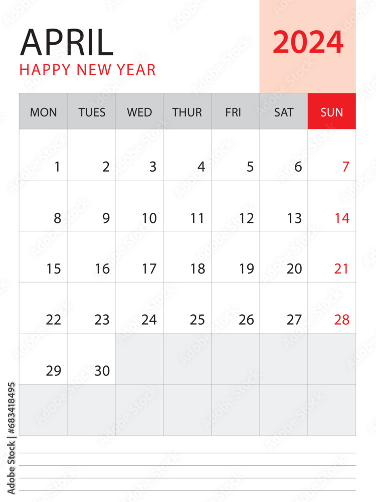 April 2024-Calendar 2024 template vector on red background, week start ...