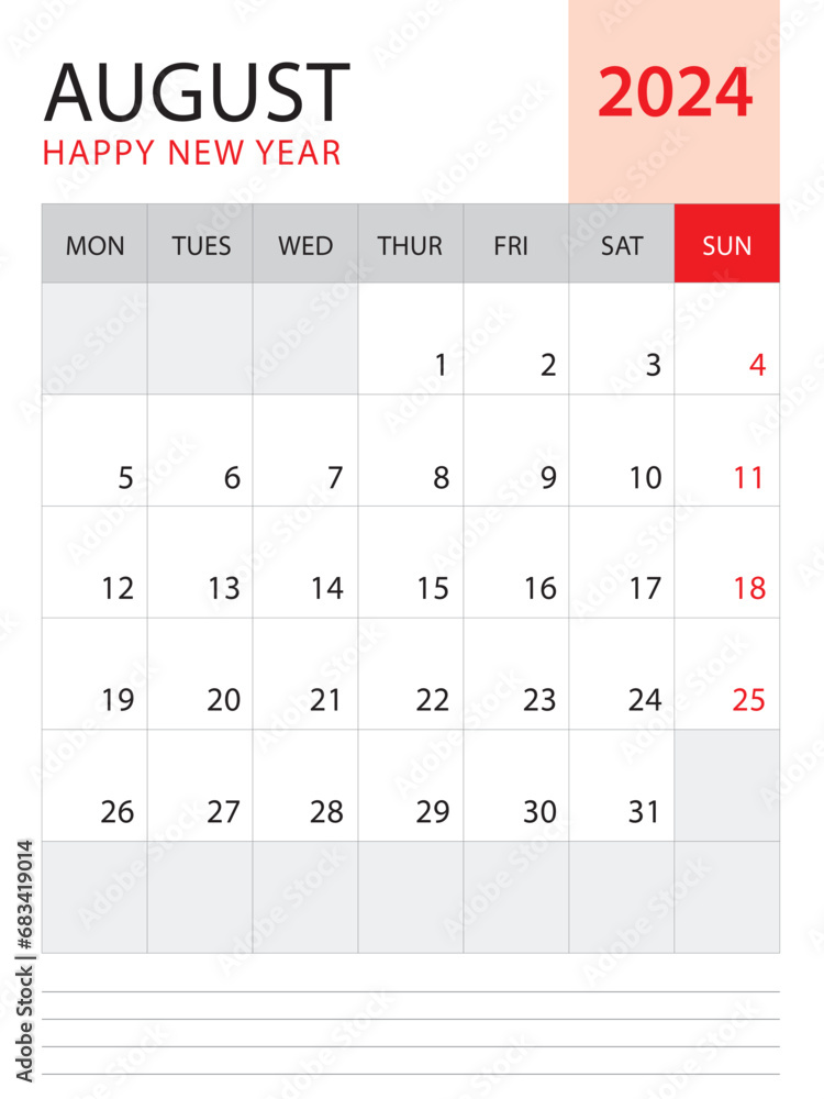 August 2024-Calendar 2024 template vector on red background, week start ...