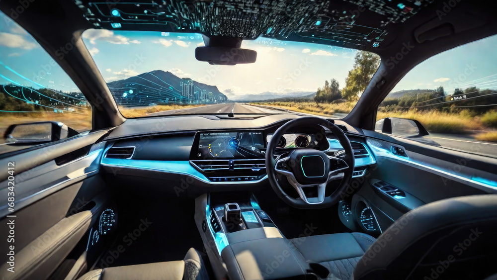 Self-driving car. Autonomous self-driving car. Head-up display HUD ...