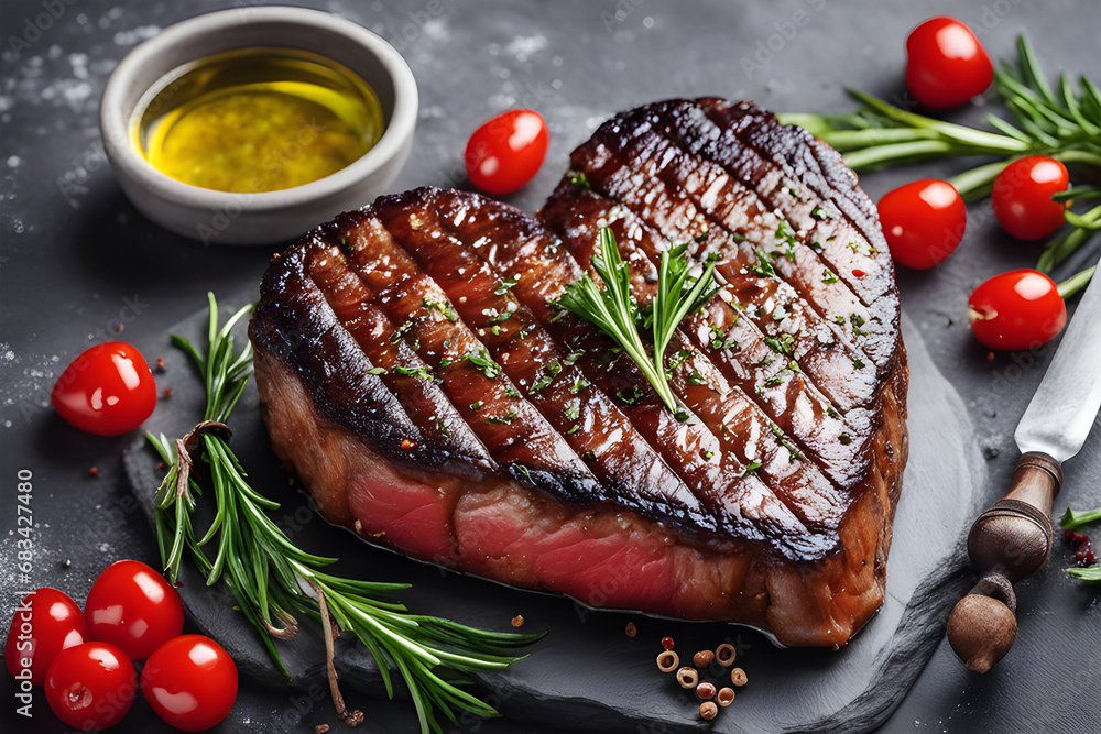 Various degrees of doneness of heart-shaped beef steak with spices ...