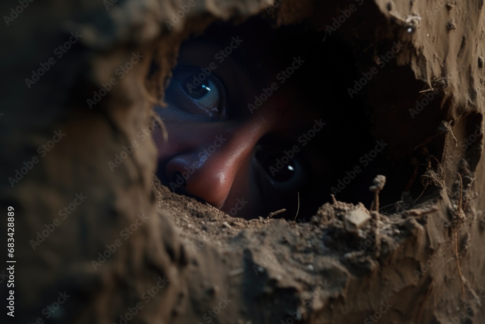 A close-up image of a person peering out of a hole. This picture can be ...